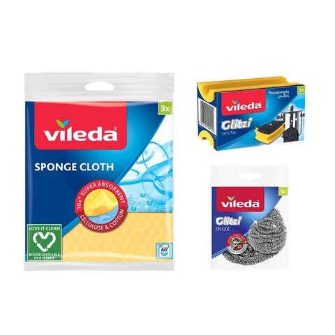 Vileda Super Absorbent Sponge Cloth Pack of 3 With Glitzi Crystal ...