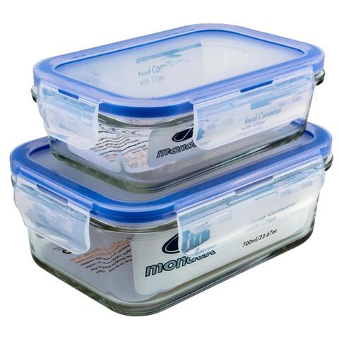 Mondex Glass Food Container With Clips Clear/Blue 350ml+700ml 2 PCS ...