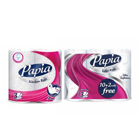 Papia Toilet Rolls - 12 Rolls + Papia Kitchen Towel 3 ply - 2 Roll ...