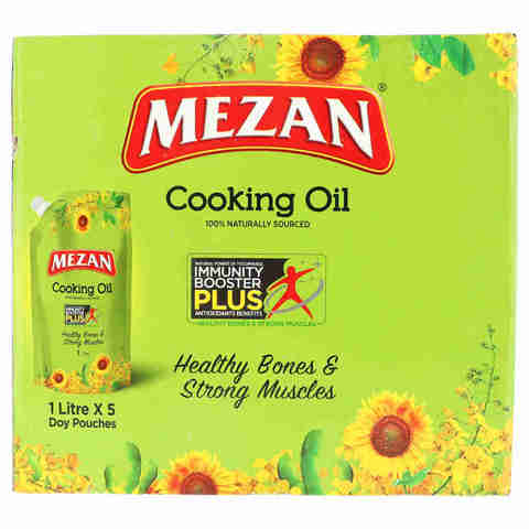 Mezan 100 Percent Naturally Sourced Cooking Oil Pouche 1 lt (Pack of 5)