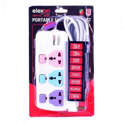 Elexon 3-Way Power Extension Socket 13A El-901S White 3m price in UAE ...