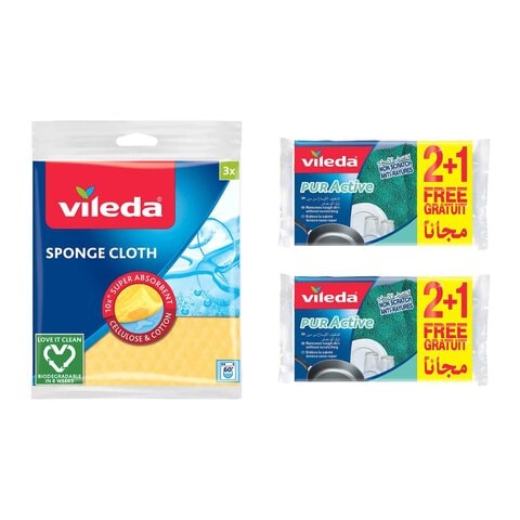 Vileda Super Absorbent Sponge Cloth Pack of 3 With Pur Active Non ...