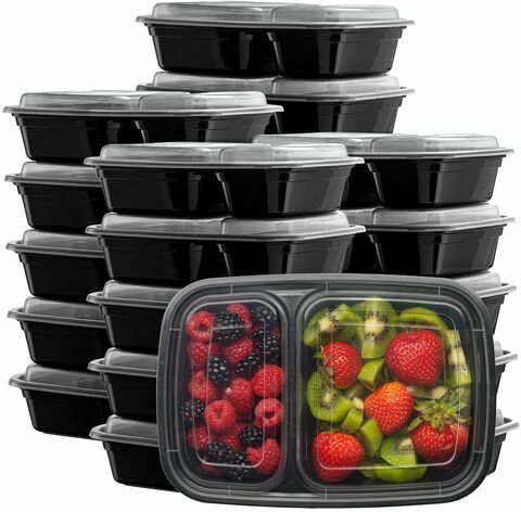 25pcs -2 Compartment Disposable Food Container - Black Base With Clear ...