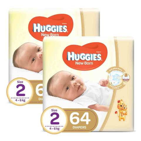 Huggies Newborn Baby 64 Diapers Size 2 4-6kg Value Pack White Pack of 2 ...