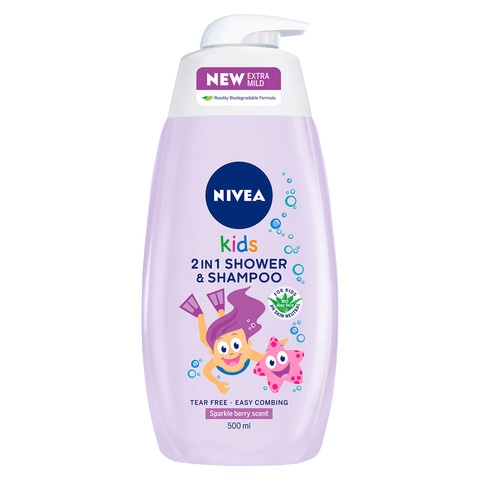 NIVEA Kids 2-In-1 Shower And Shampoo Sparkle Berry Scent Purple 500ml ...