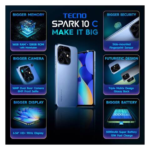 Buy Tecno Spark 10C KI5K 8GB 128GB 4G Dual SIM Smartphone 6.6 Inch Blue ...